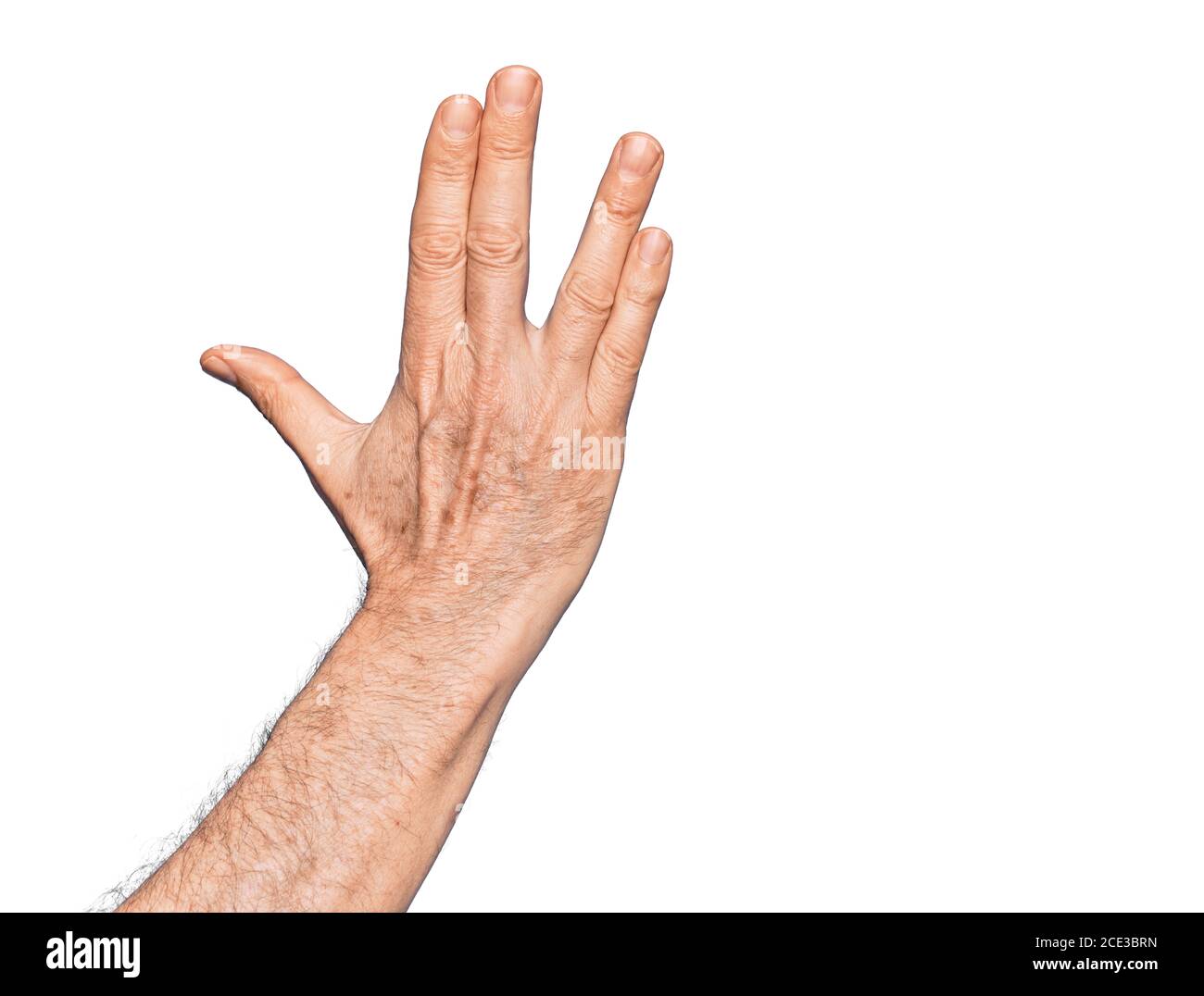 Hand of caucasian middle age man over isolated white background ...