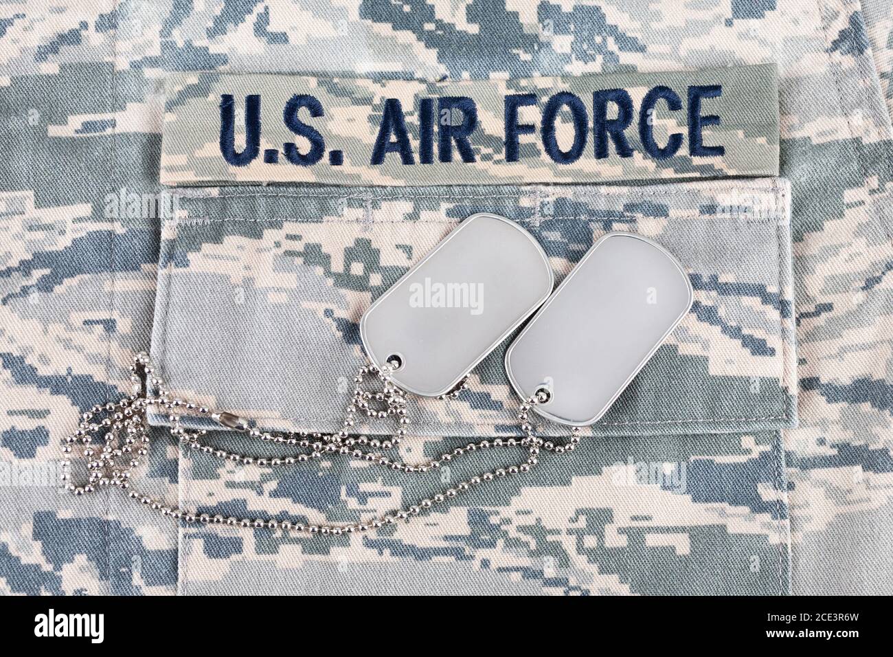 US AIR FORCE branch tape and dog tags on digital tiger-stripe pattern ...