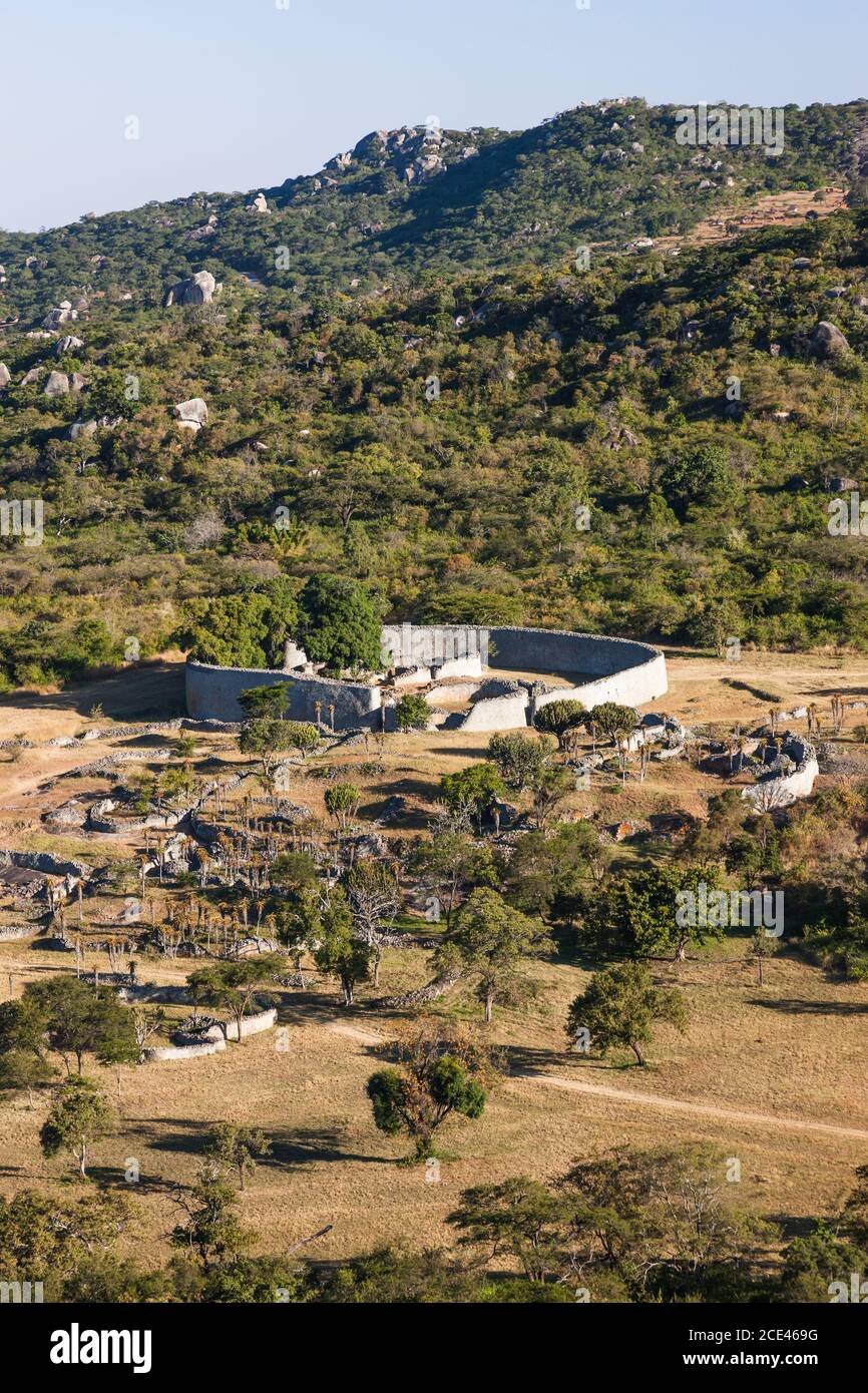 Great Zimbabwe ruins, the Great Enclosure, distant view from the ...