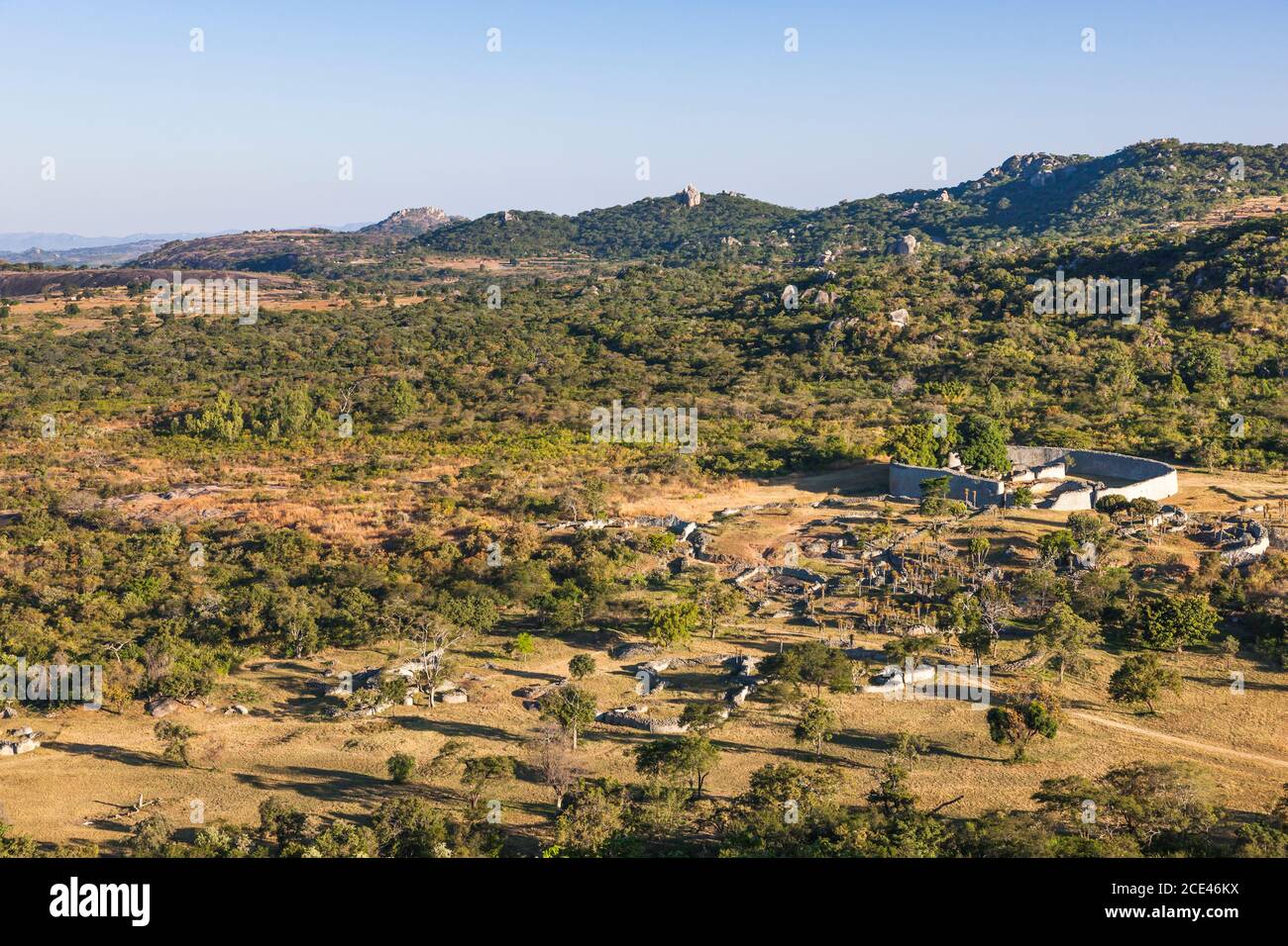 Great Zimbabwe ruins, the Great Enclosure, distant view from the ...