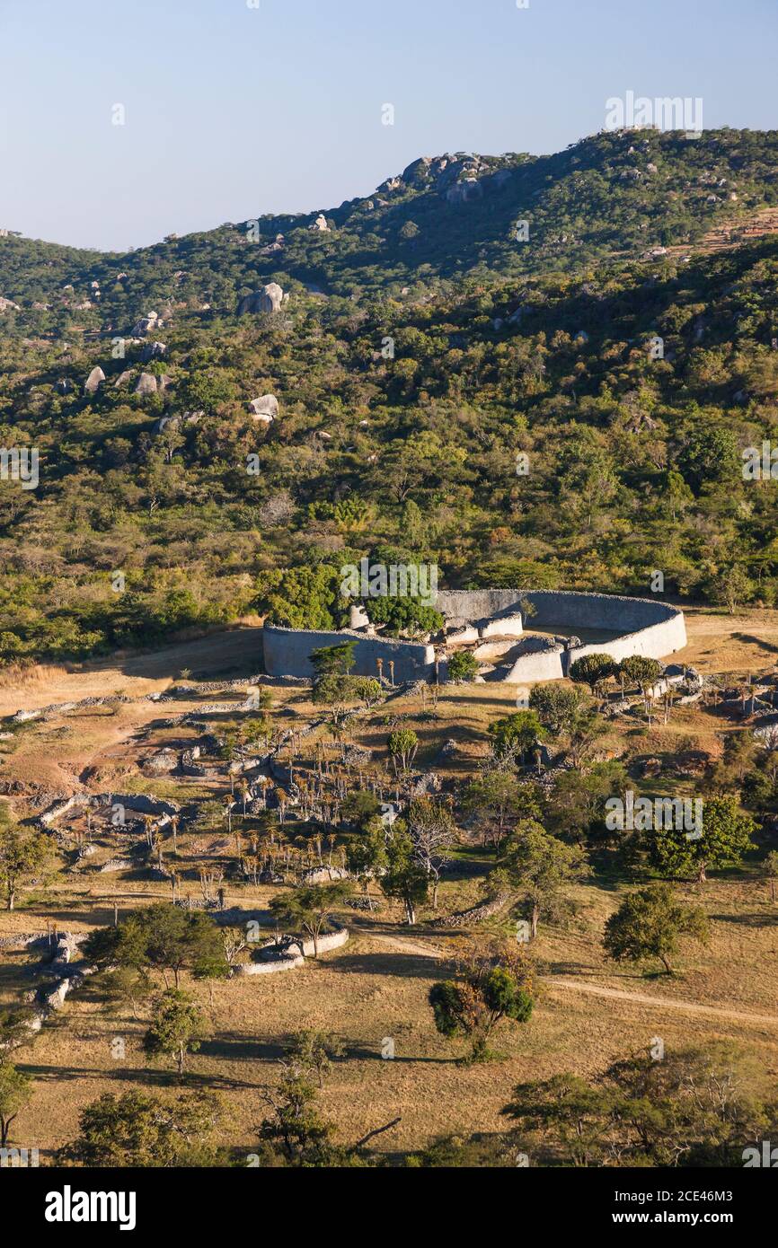 Great Zimbabwe ruins, the Great Enclosure, distant view from the ...