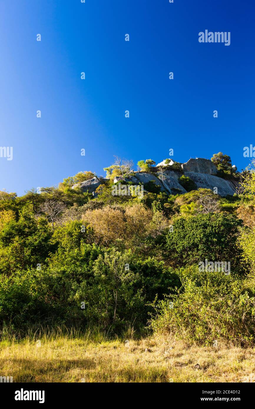 Great Zimbabwe ruins, distant view of "the Hill Complex", acropolis ...