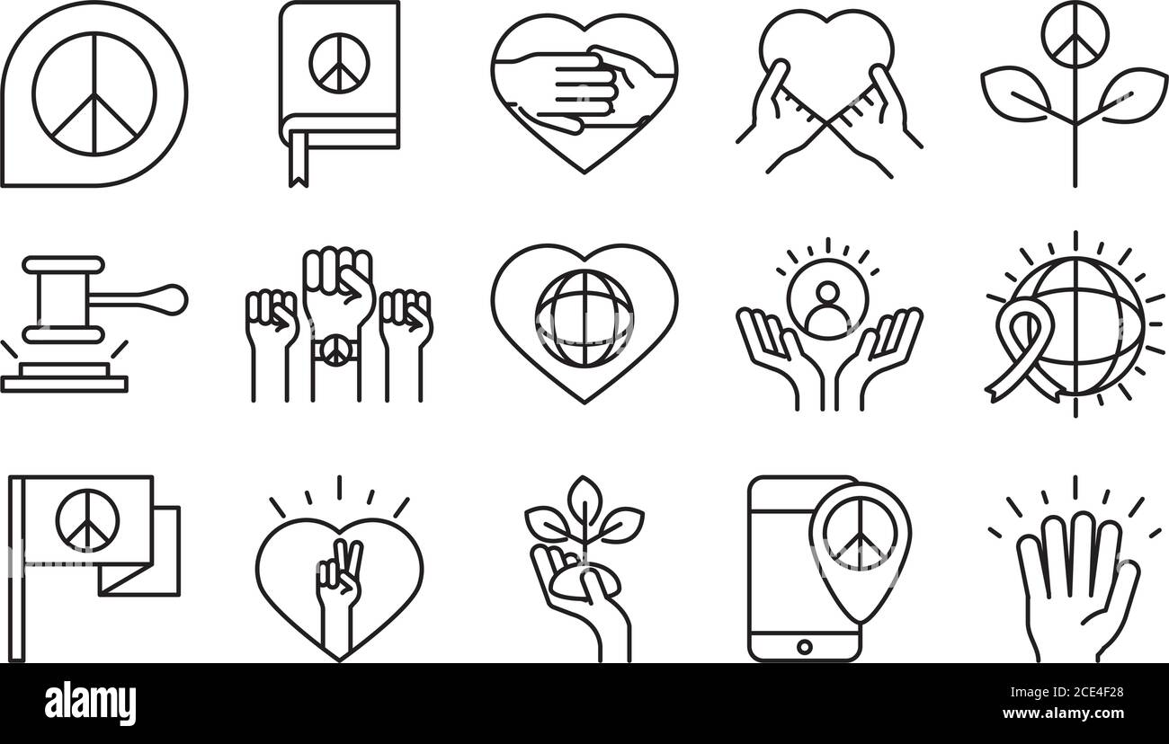 human rights day, line icons set design, included peace heart world ...