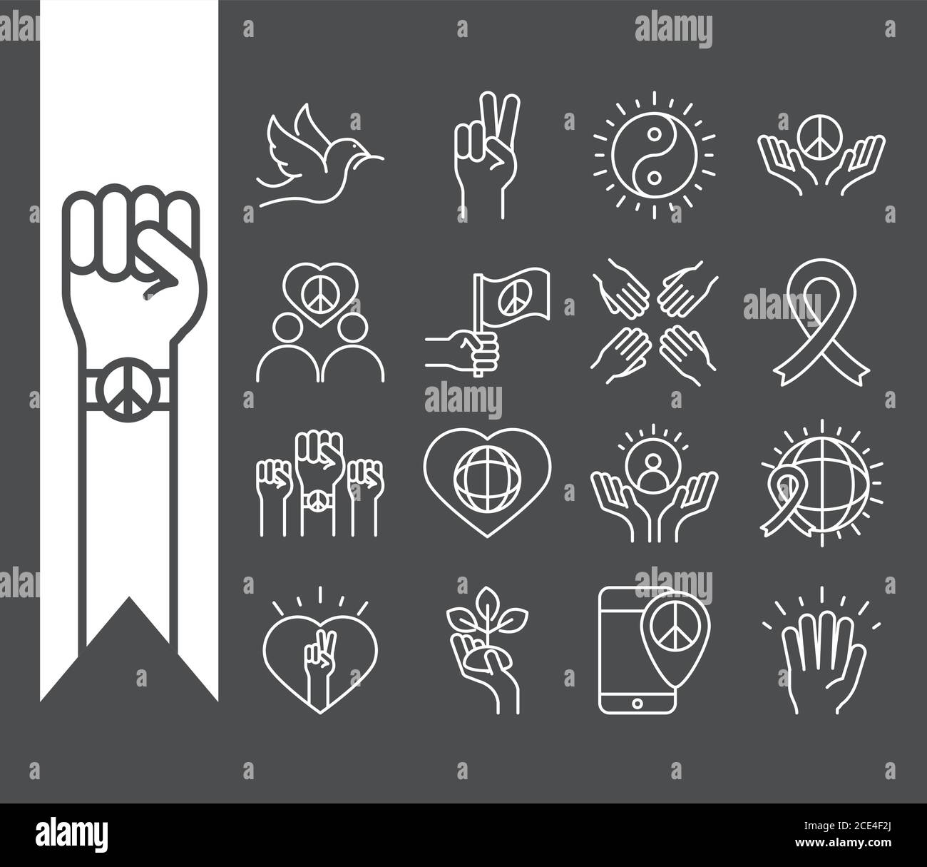 human rights day, line icons set design, included raised hand dove ...