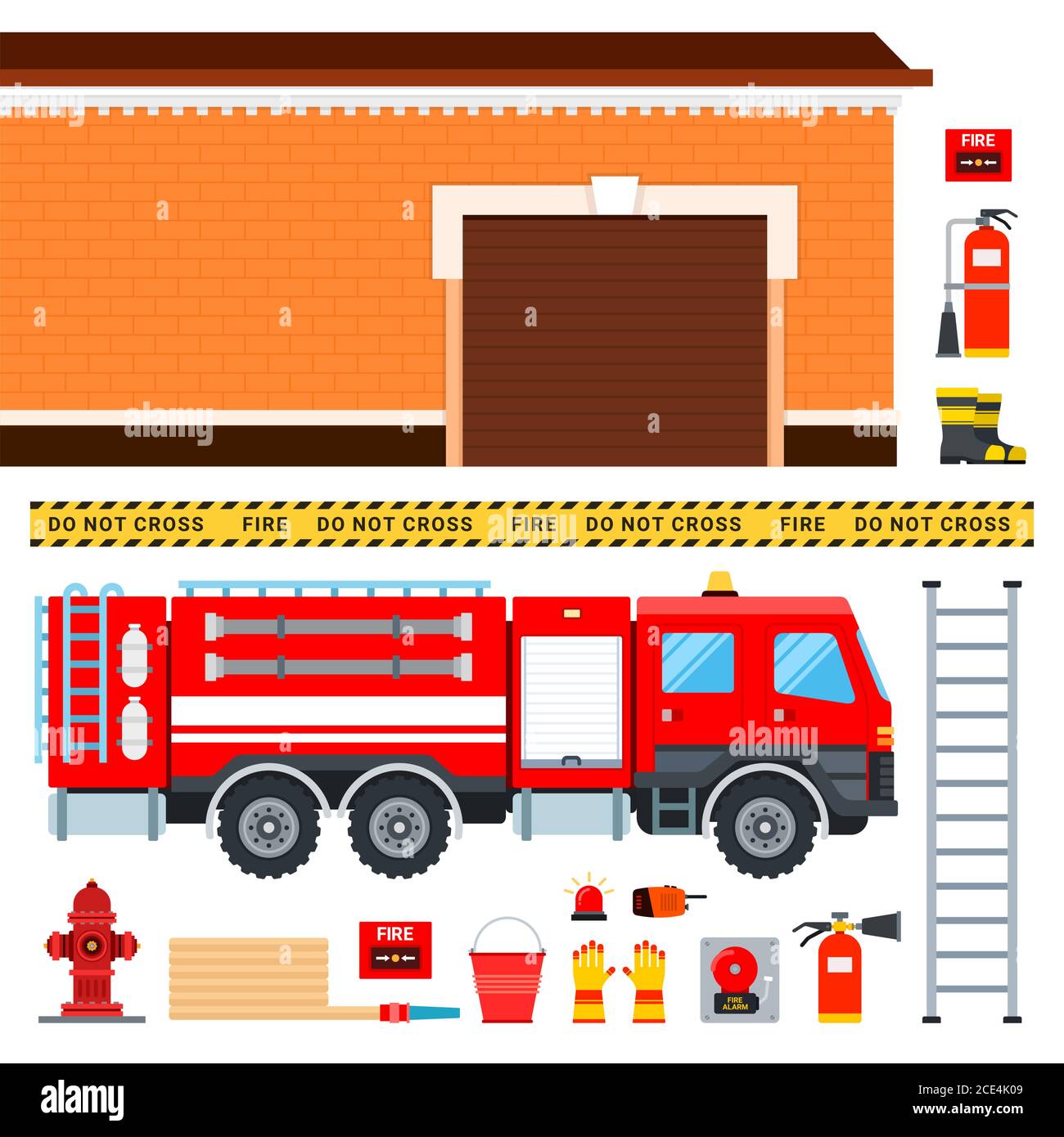Set of firefighters truck, fireman outfit and garage vector ...
