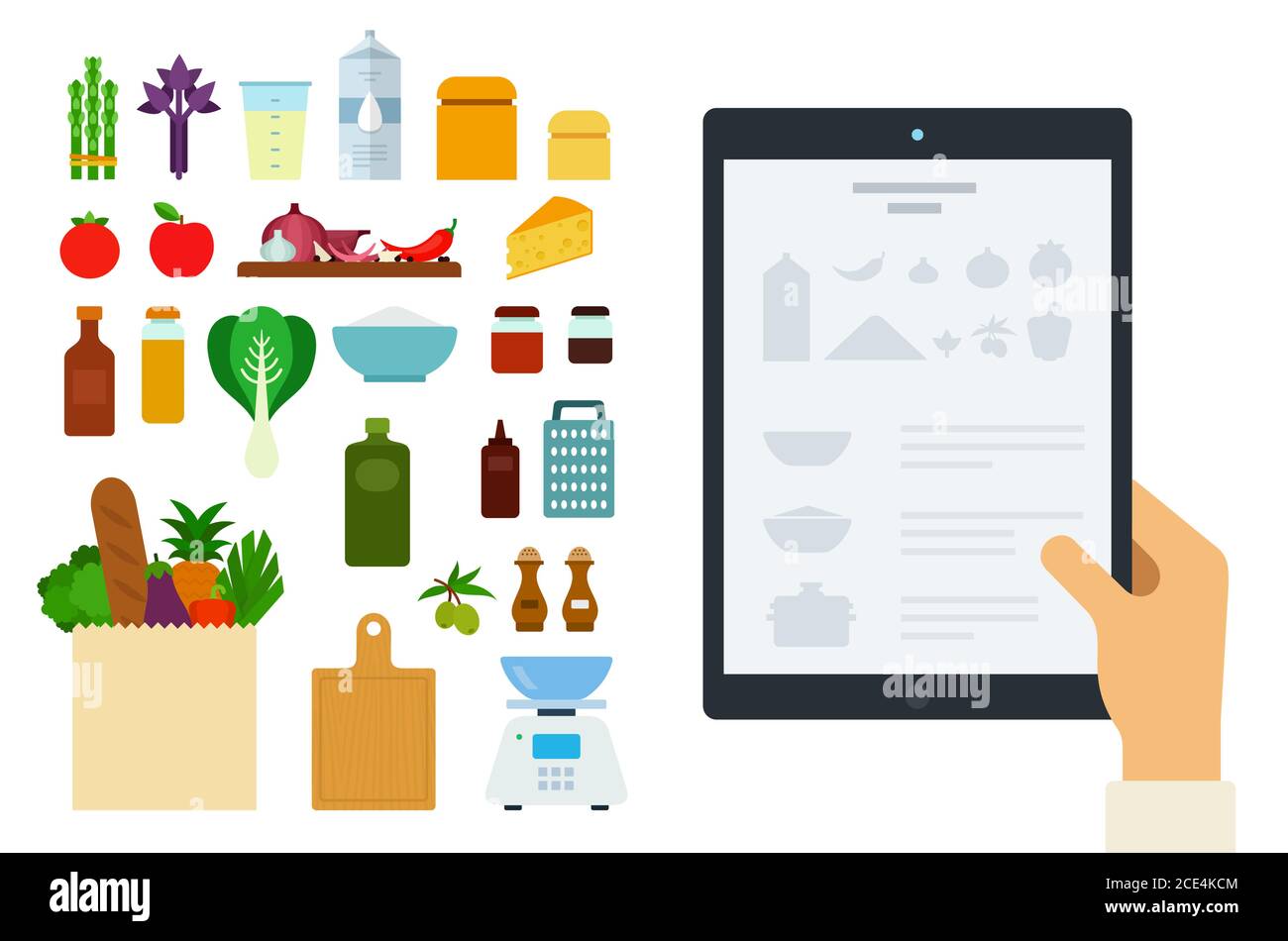 Vector image of a tablet with an online recipe and ingredients ...