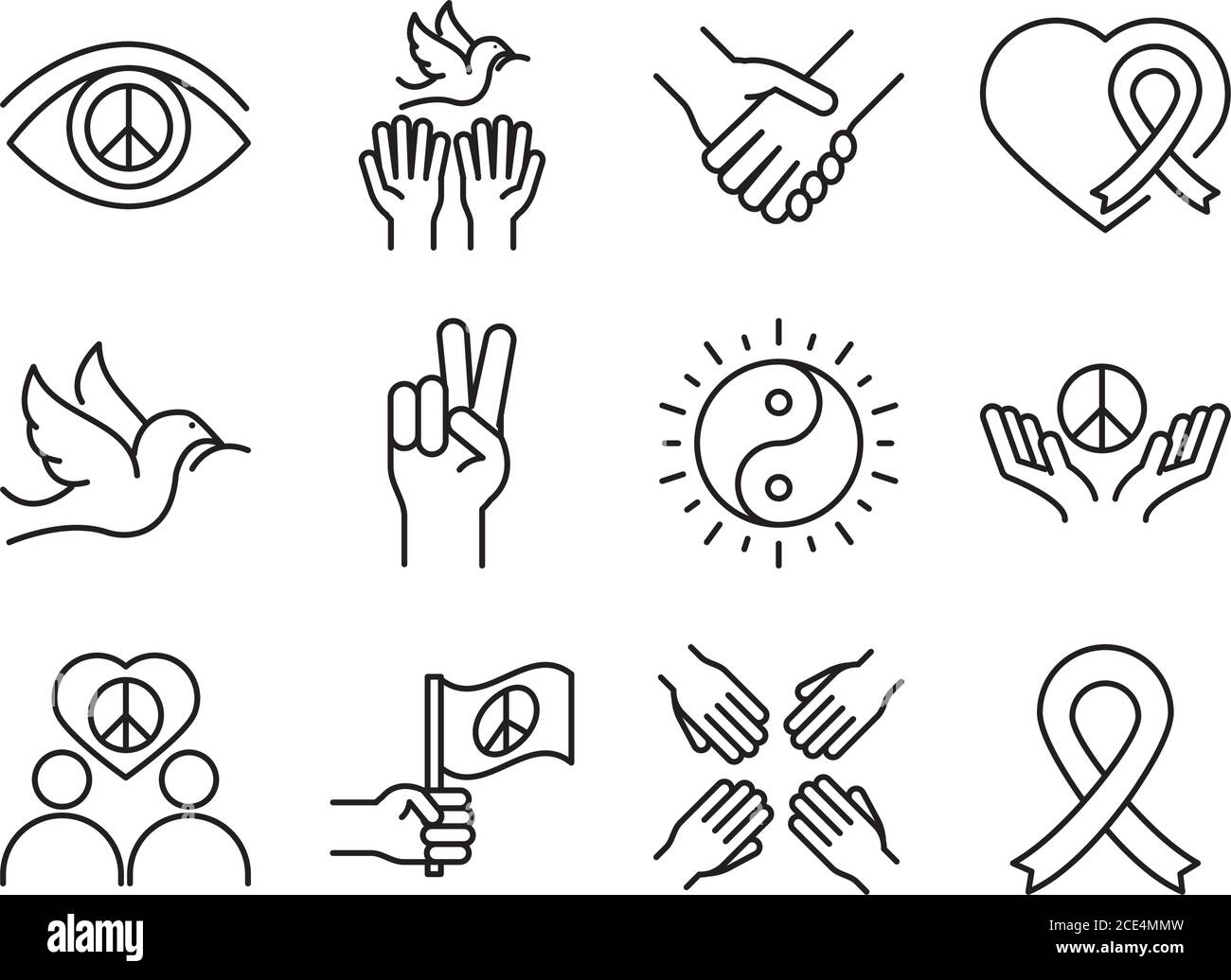 human rights day, line icons set design, included pigeon hands heart ...