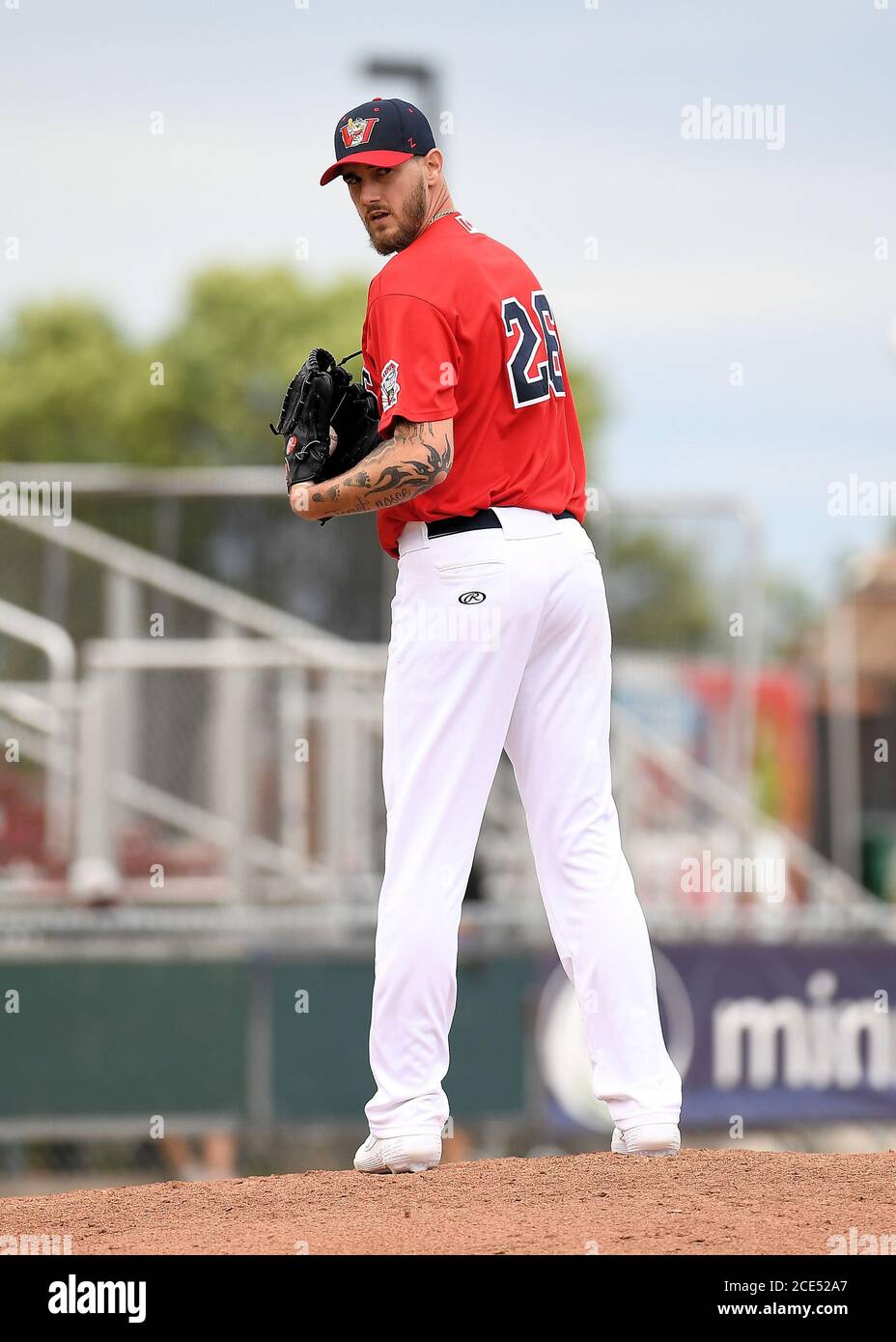 August 30, 2020: Winnipeg Goldeyes pitcher Dylan Rheault (26) looks ...