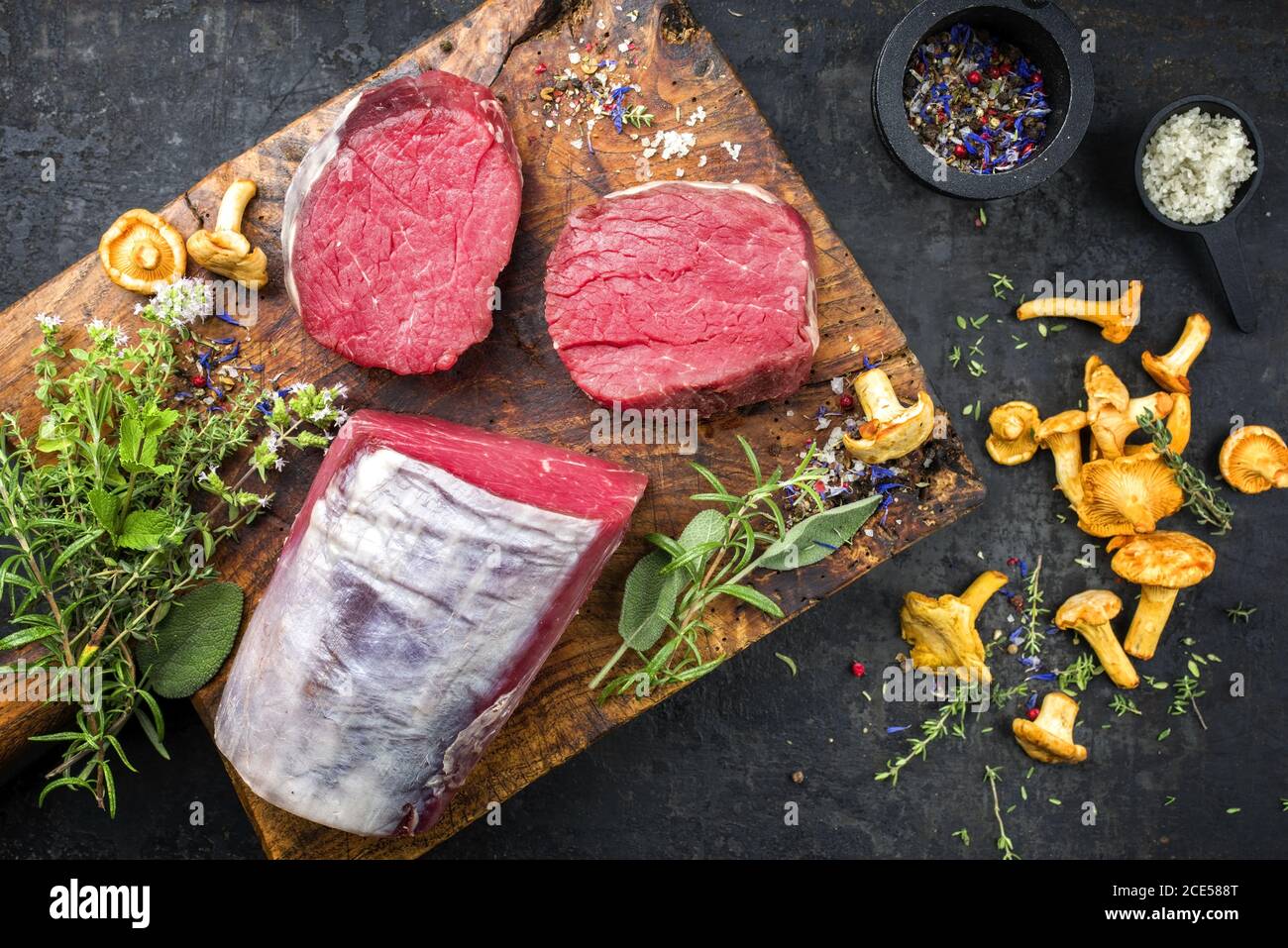 Dry aged beef fillet medallion steak natural with chanterelles as top ...