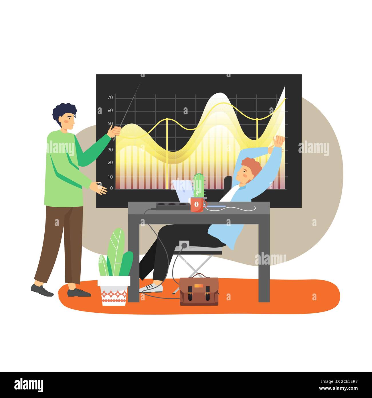 Office scene with modern workplace, two business men colleagues ...