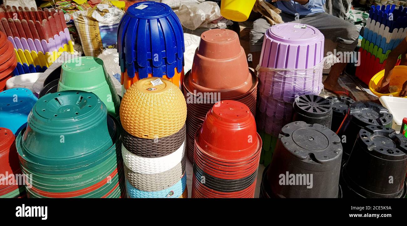 Colourful flower pots to decorate your home Stock Photo - Alamy