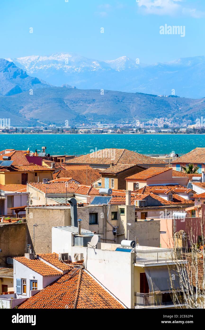 Nafplio, Greece aerial view and snow mountains Stock Photo - Alamy