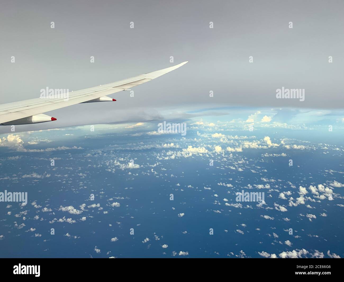 Wing of an airplane flying above the ocean. The view from an airplane ...