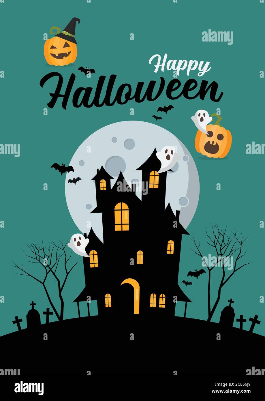 Happy Halloween Haunted House Greetiing Card. Vector illustration Stock ...