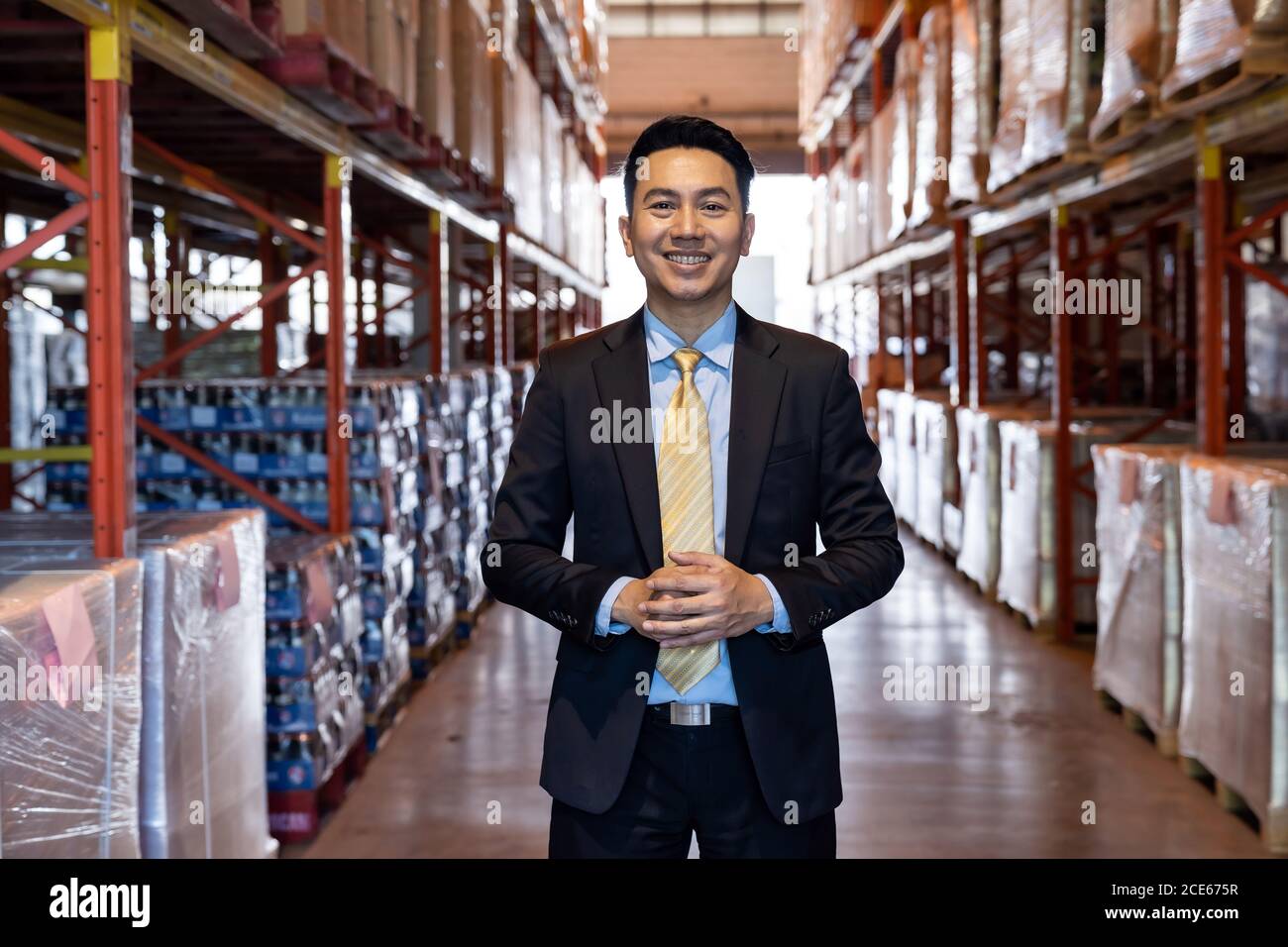 Asian businessman owner portrait in distribution warehouse Stock Photo ...