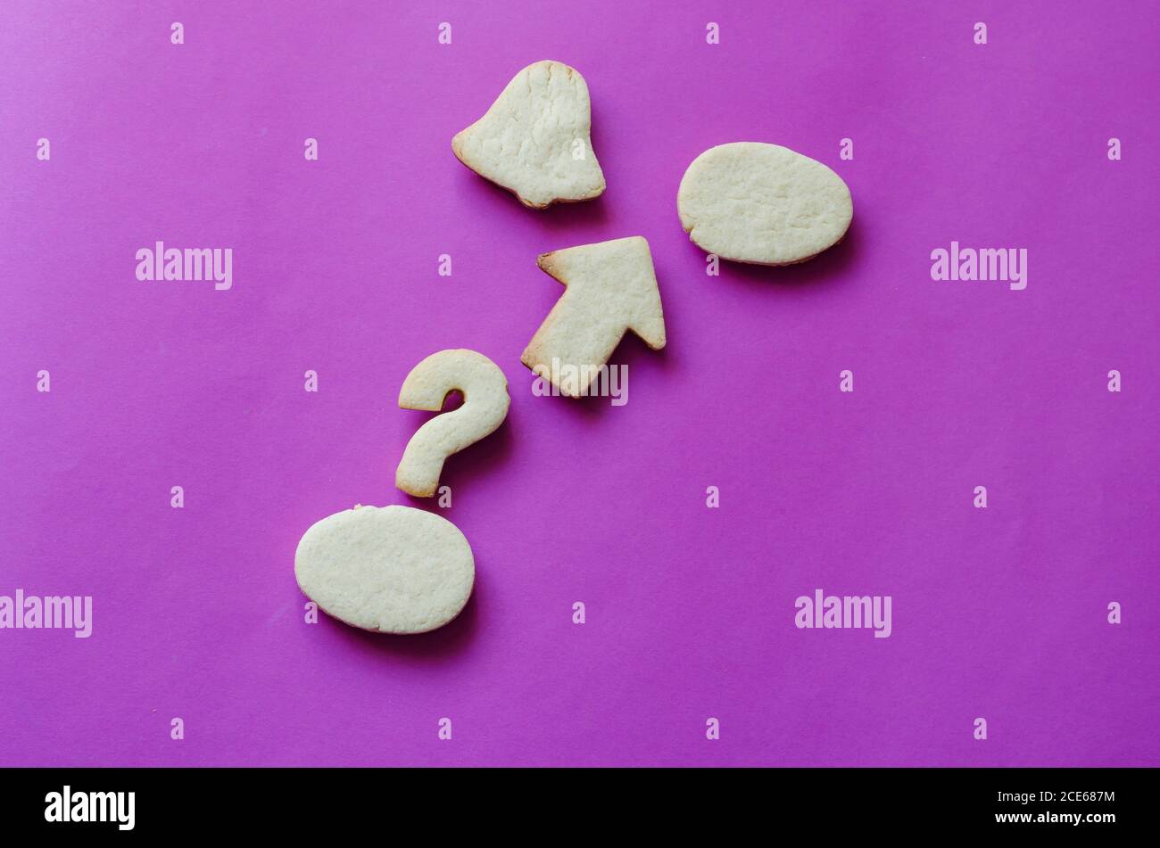 Creative background Homemade shortbread cookies. Bell symbol, question ...
