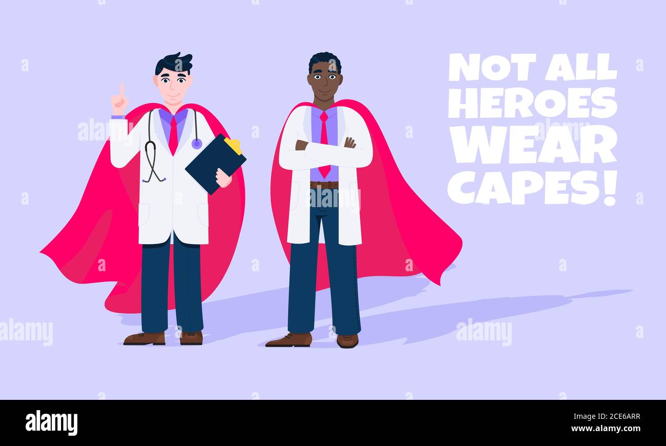 Two doctors with hero cape behind hospital medical employee fight ...