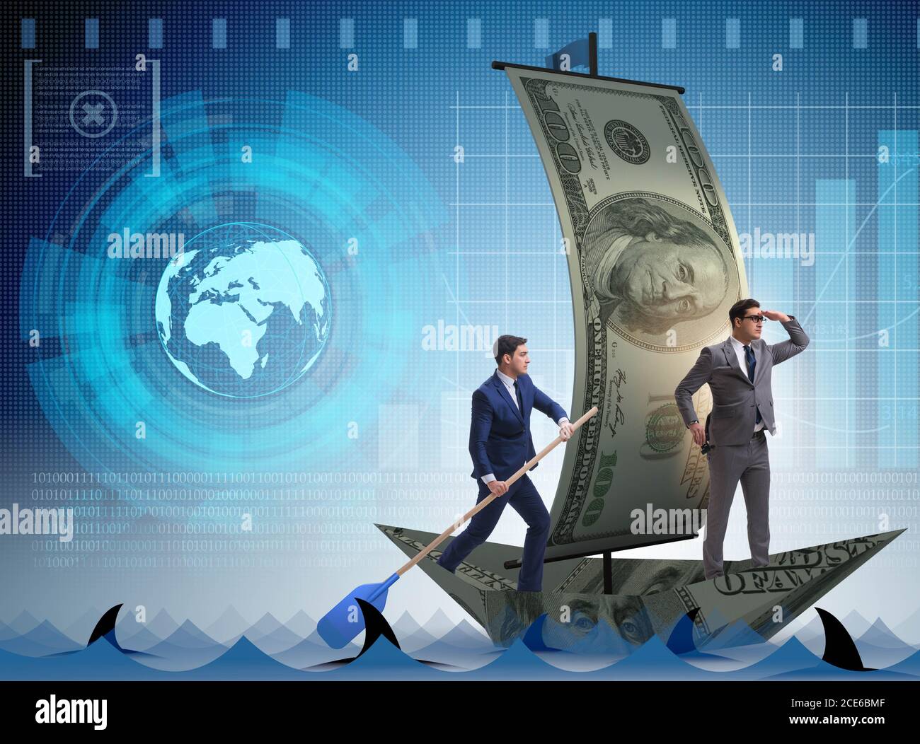 The businessman rowing on dollar boat in business financial concept ...