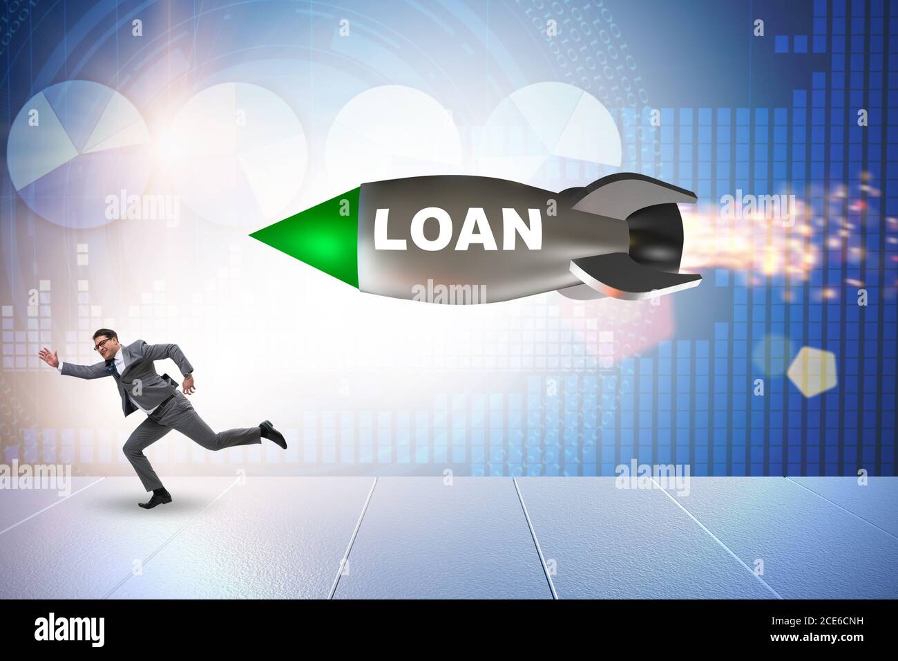 Concept of loan and debt with the businessman chased by rocket Stock ...