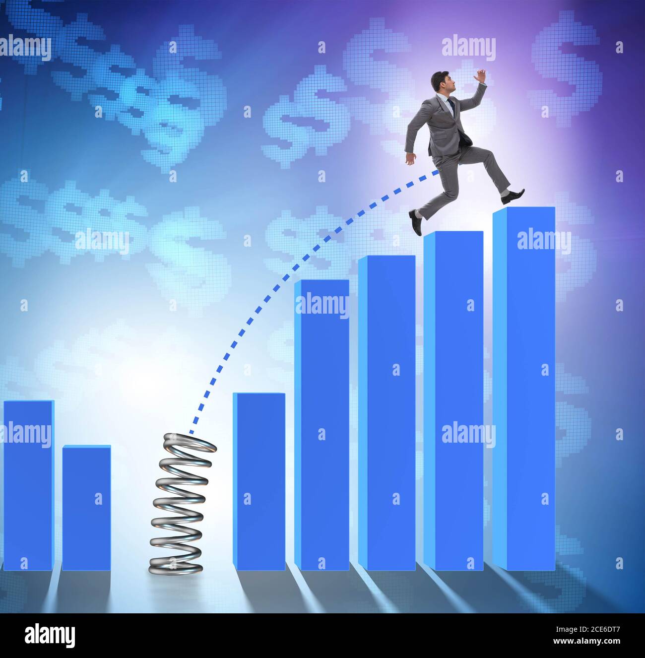 The business people jumping over bar charts Stock Photo - Alamy