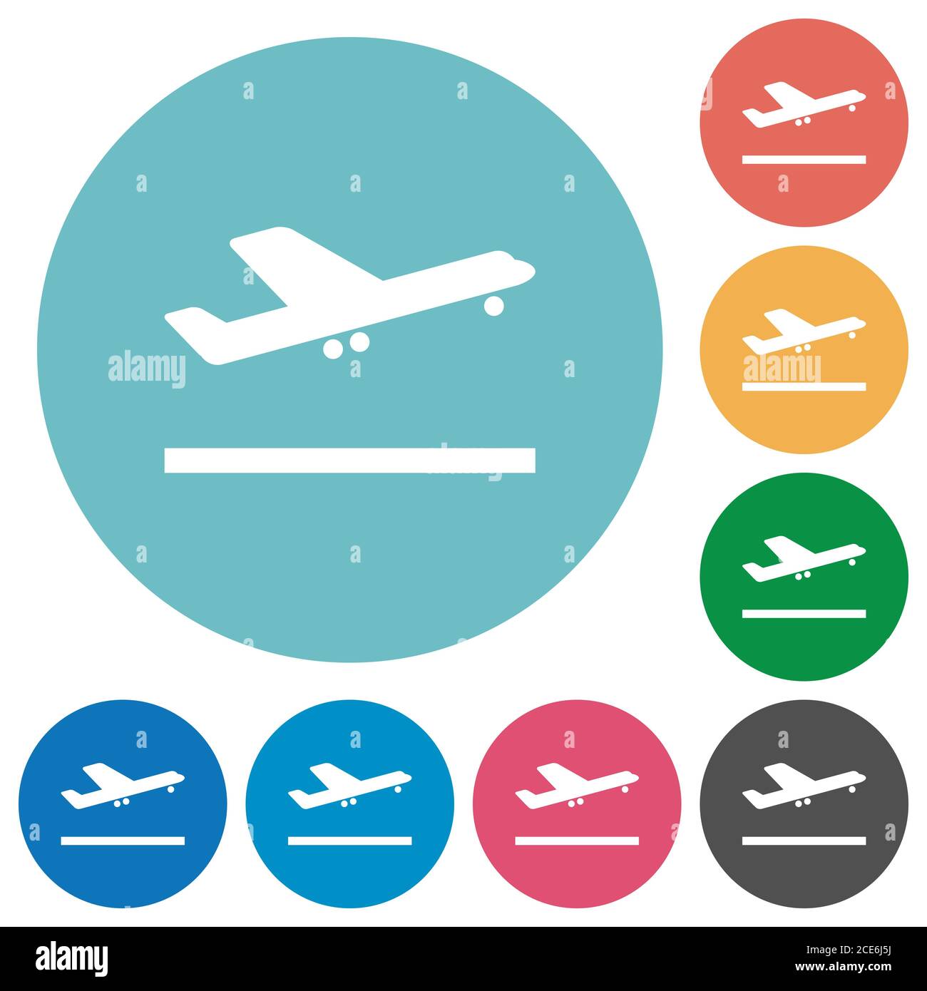 Airplane take off flat white icons on round color backgrounds Stock ...