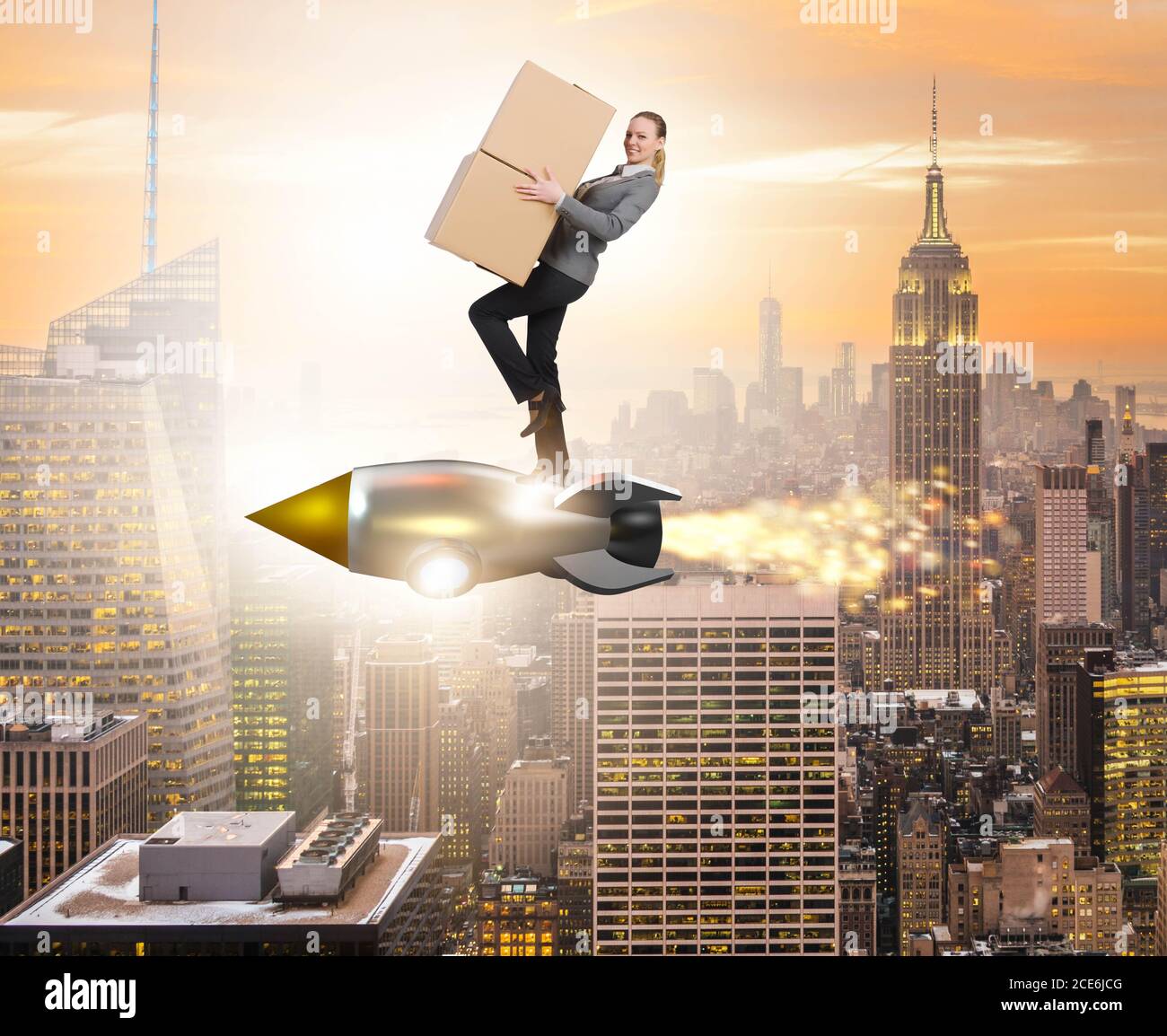 The woman flying rocket and delivering boxes Stock Photo - Alamy