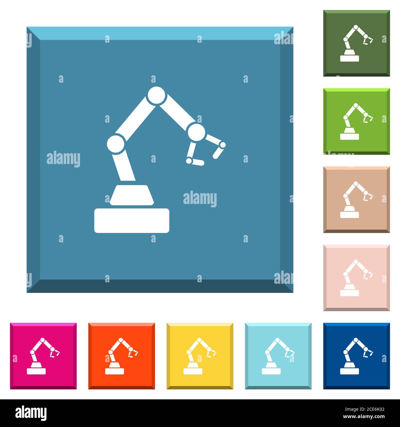Robot arm white icons on edged square buttons in various trendy colors ...