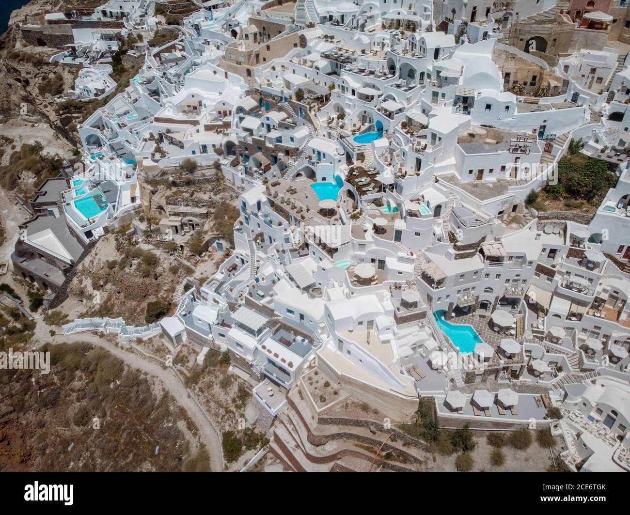 Drone view over Santorini, aerial view over the whitewashed village of ...