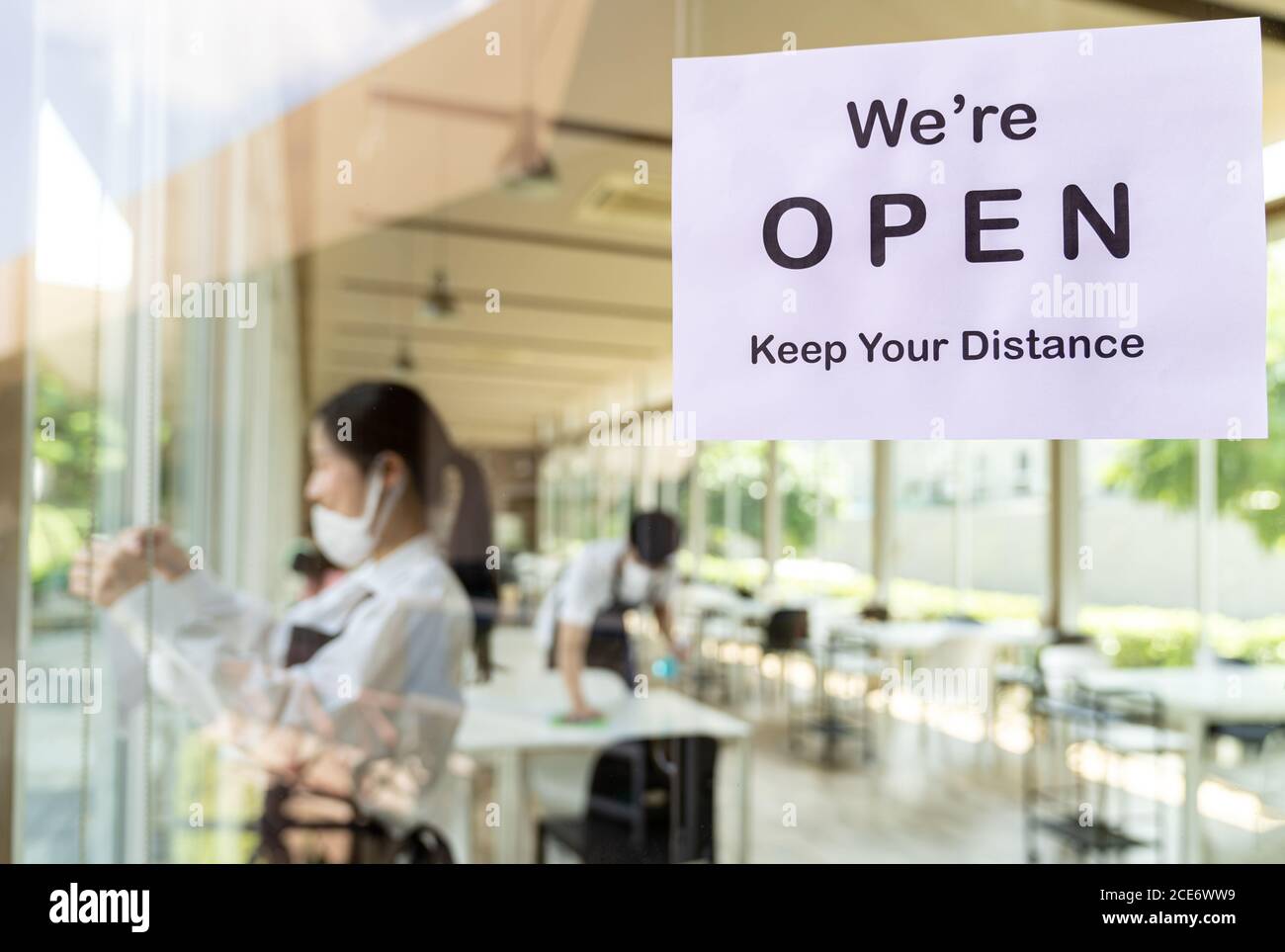 New Normal and social distance Restaurant open signage Stock Photo - Alamy