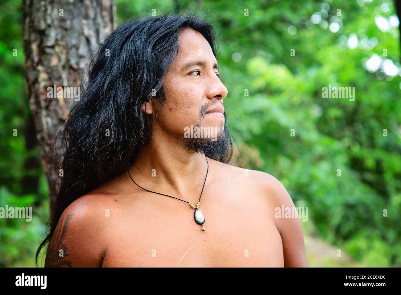 Young native american man in the forest with crystal quartz necklace ...