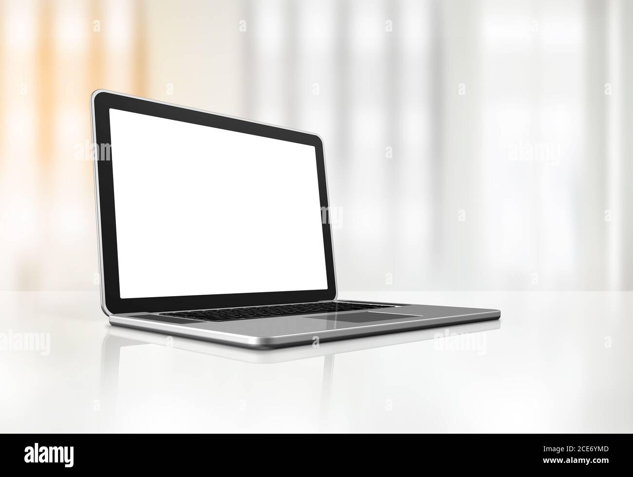 3D blank laptop computer isolated on office desk interior background ...