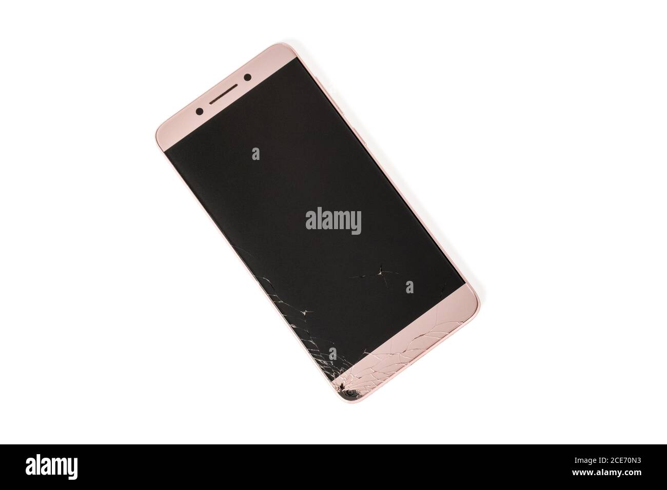 smartphone with broken screen on the corner isolated on white ...