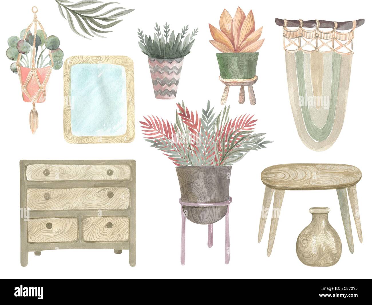 Watercolor illustration of interior elements in boho style. Home ...