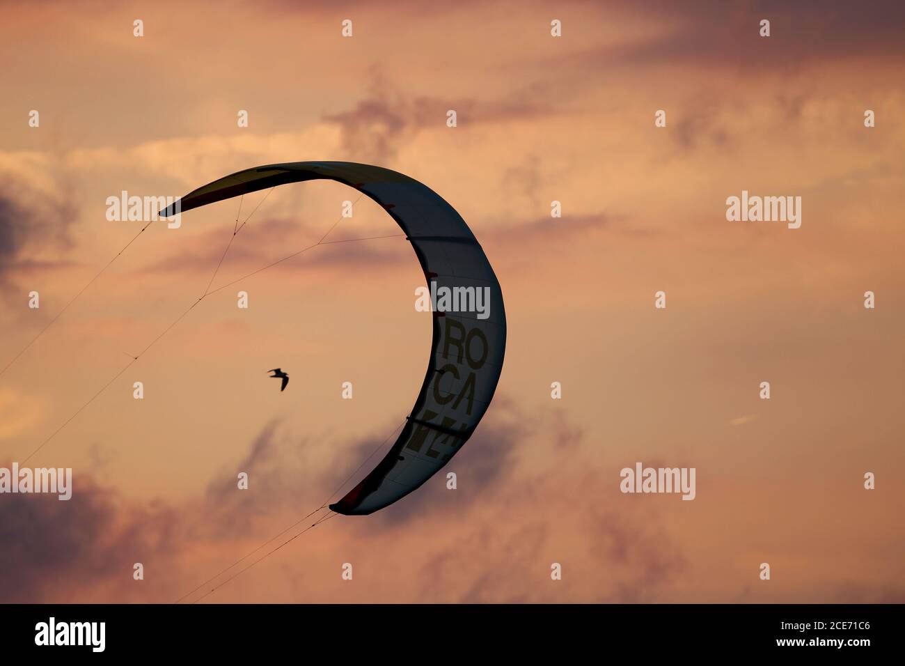 A power kite surfer swimming in the lagoon against the backdrop of a ...