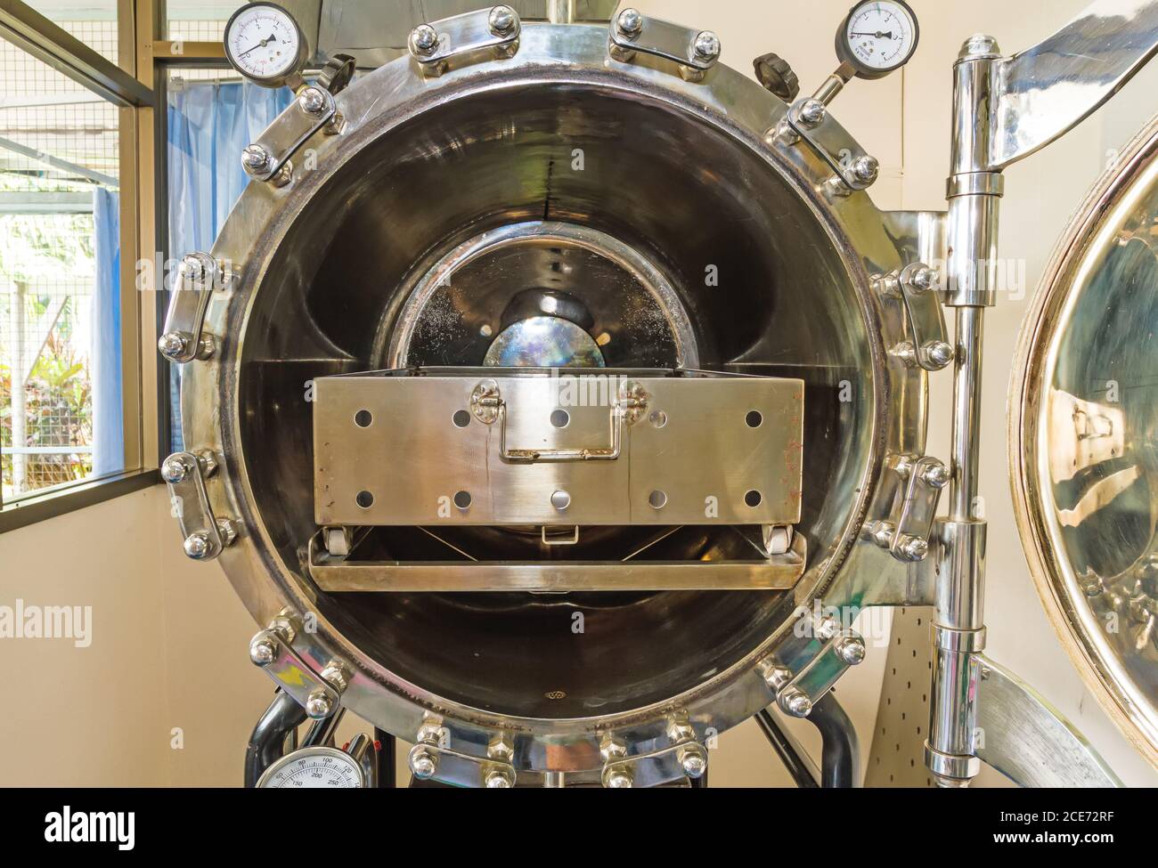 Close up black autoclave, hole of autoclave,sterilization machine for ...