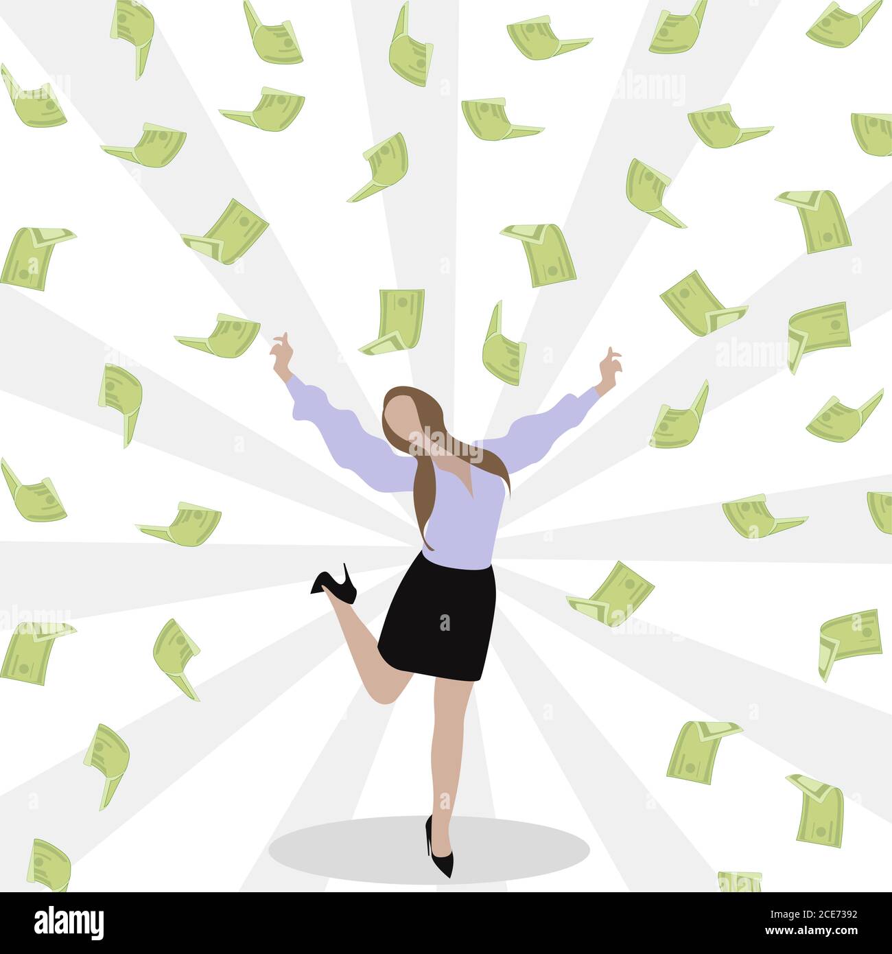 Successful and lucky winner, woman win lottery. Money rain. Vector rain ...