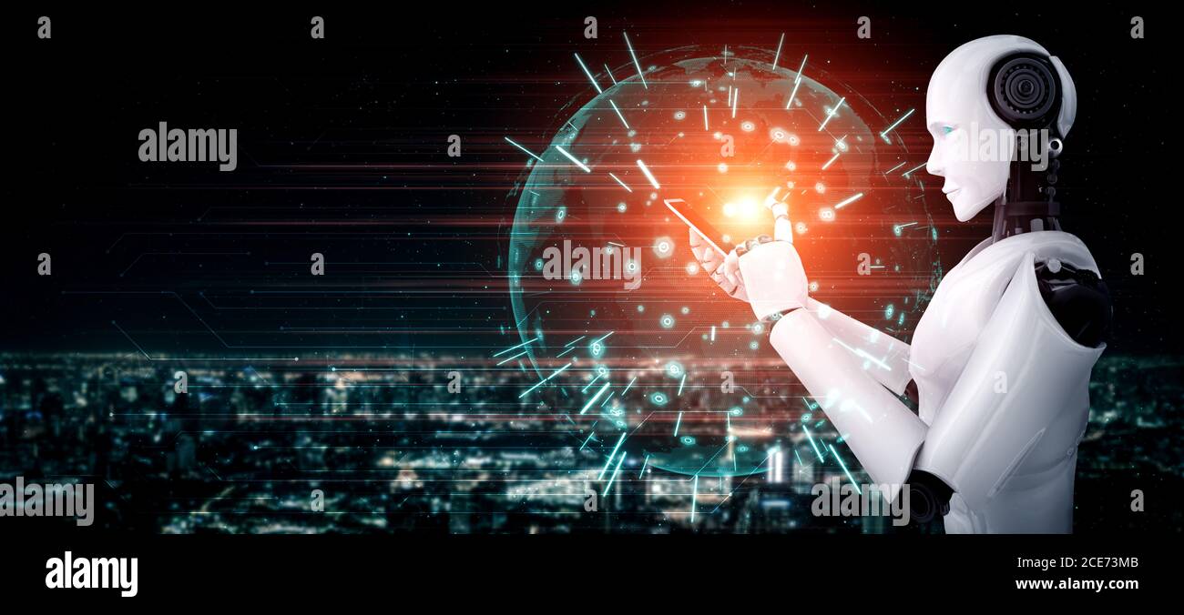 Robot humanoid use mobile phone or tablet for global network connection ...