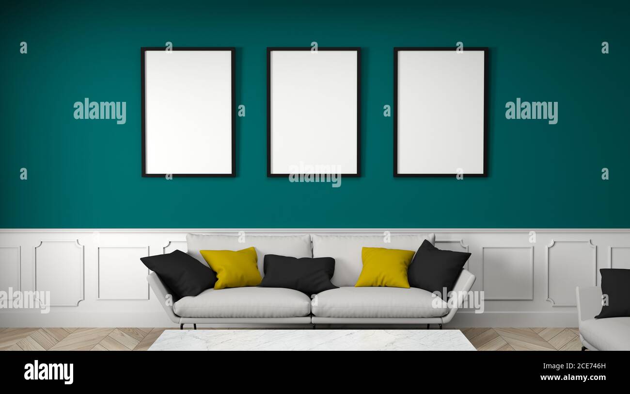 3 picture frames on white wall 3D rendering Stock Photo - Alamy