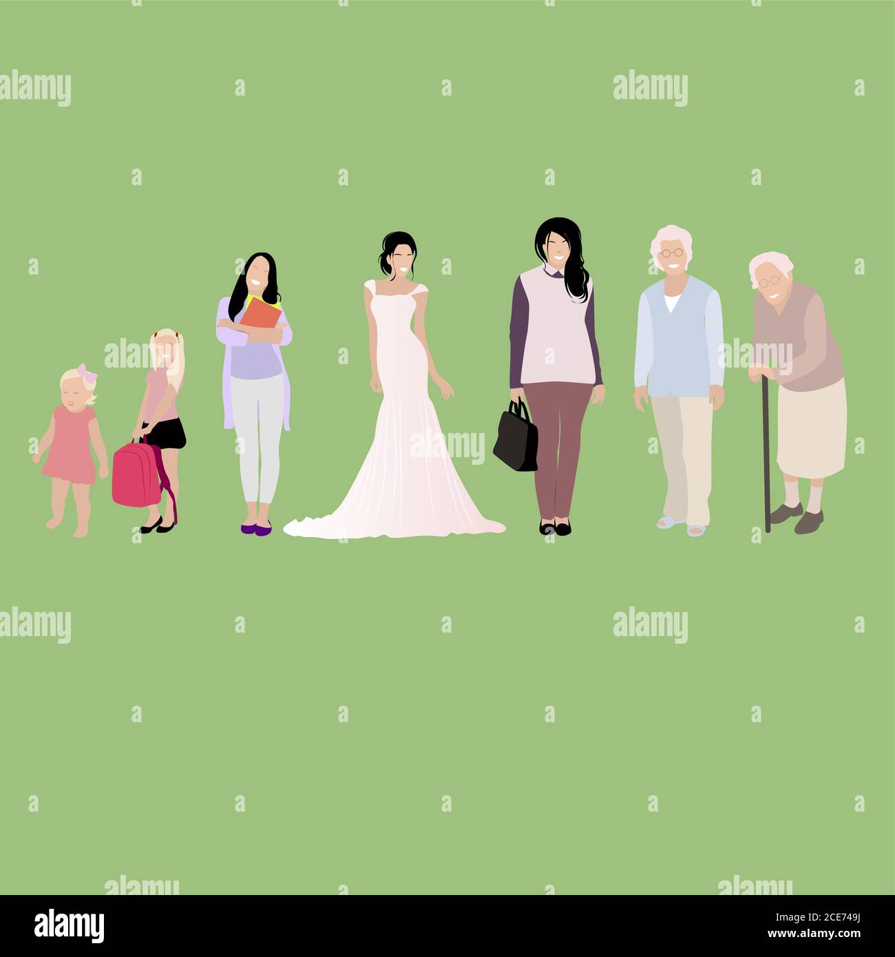 Female development stage genaration, baby teen woman. Adult and child ...