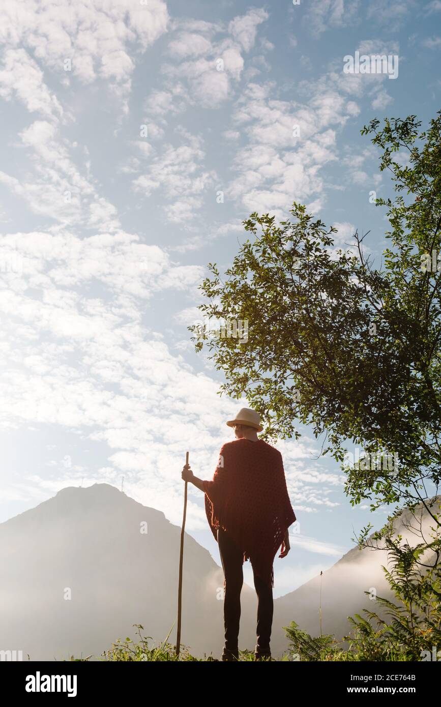 Back view of unrecognizable wanderer with wooden staff enjoying sunrise ...