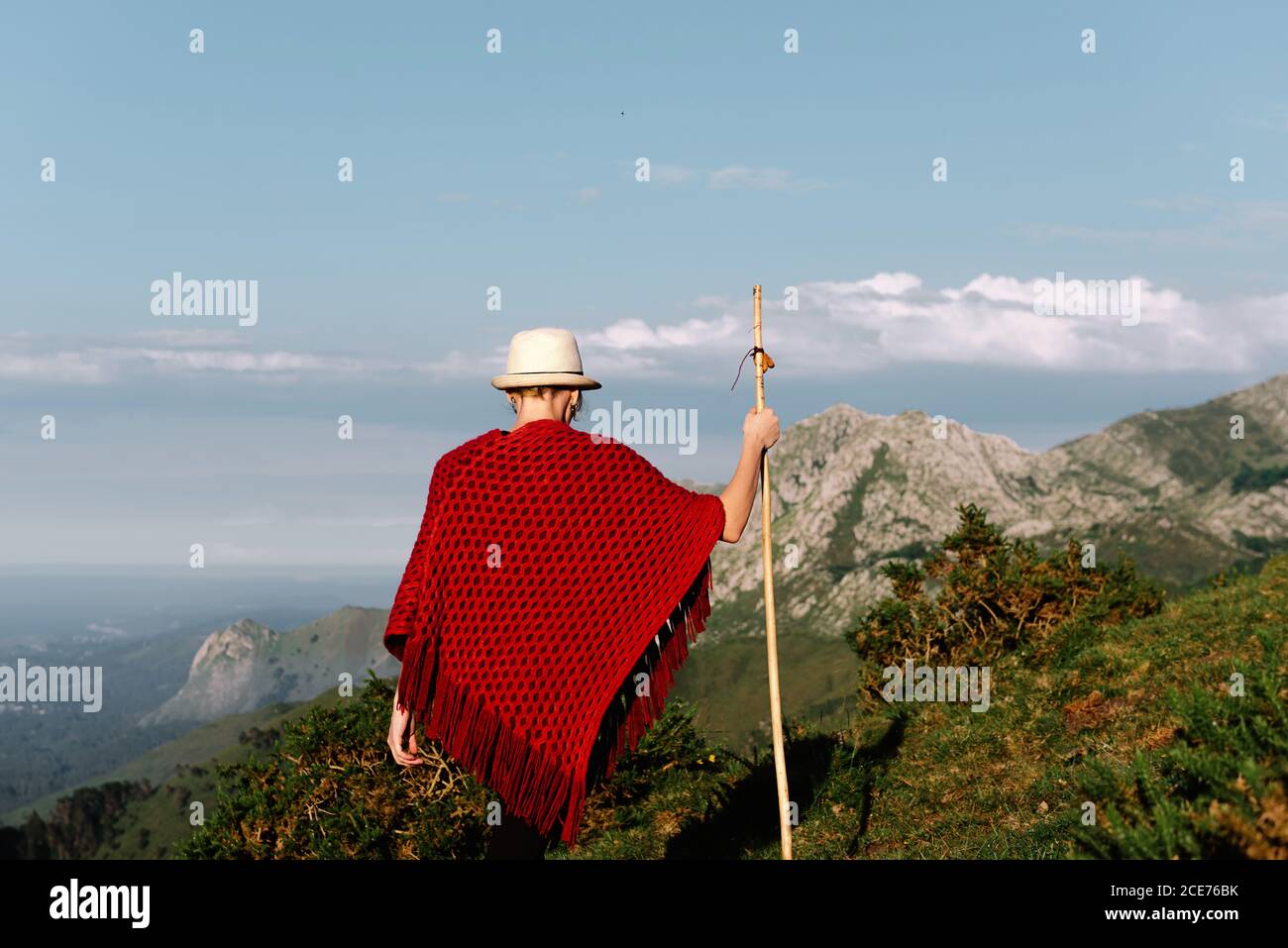 Back view of unrecognizable wanderer with wooden staff enjoying ...