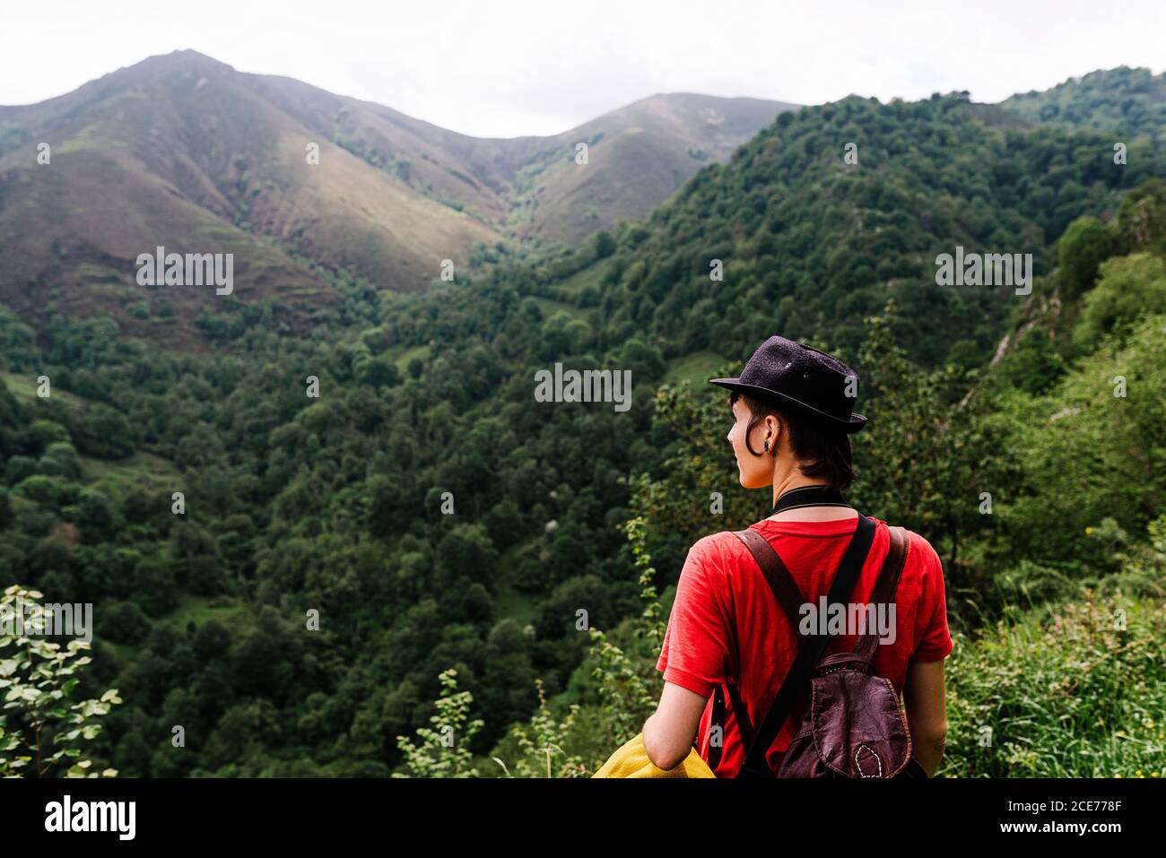 Back view female tourist hiking in countryside and admiring scenery of ...