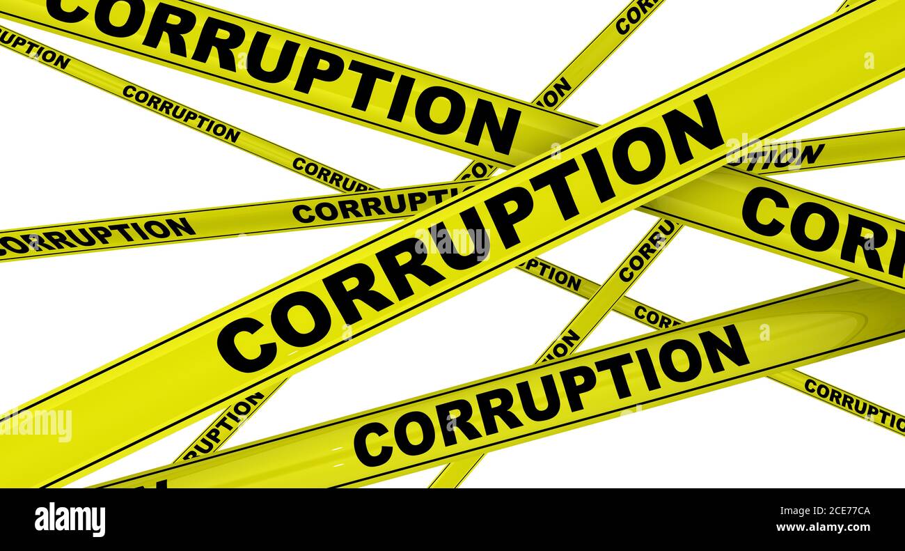 Corruption. Yellow warning tapes with black words CORRUPTION. Isolated ...