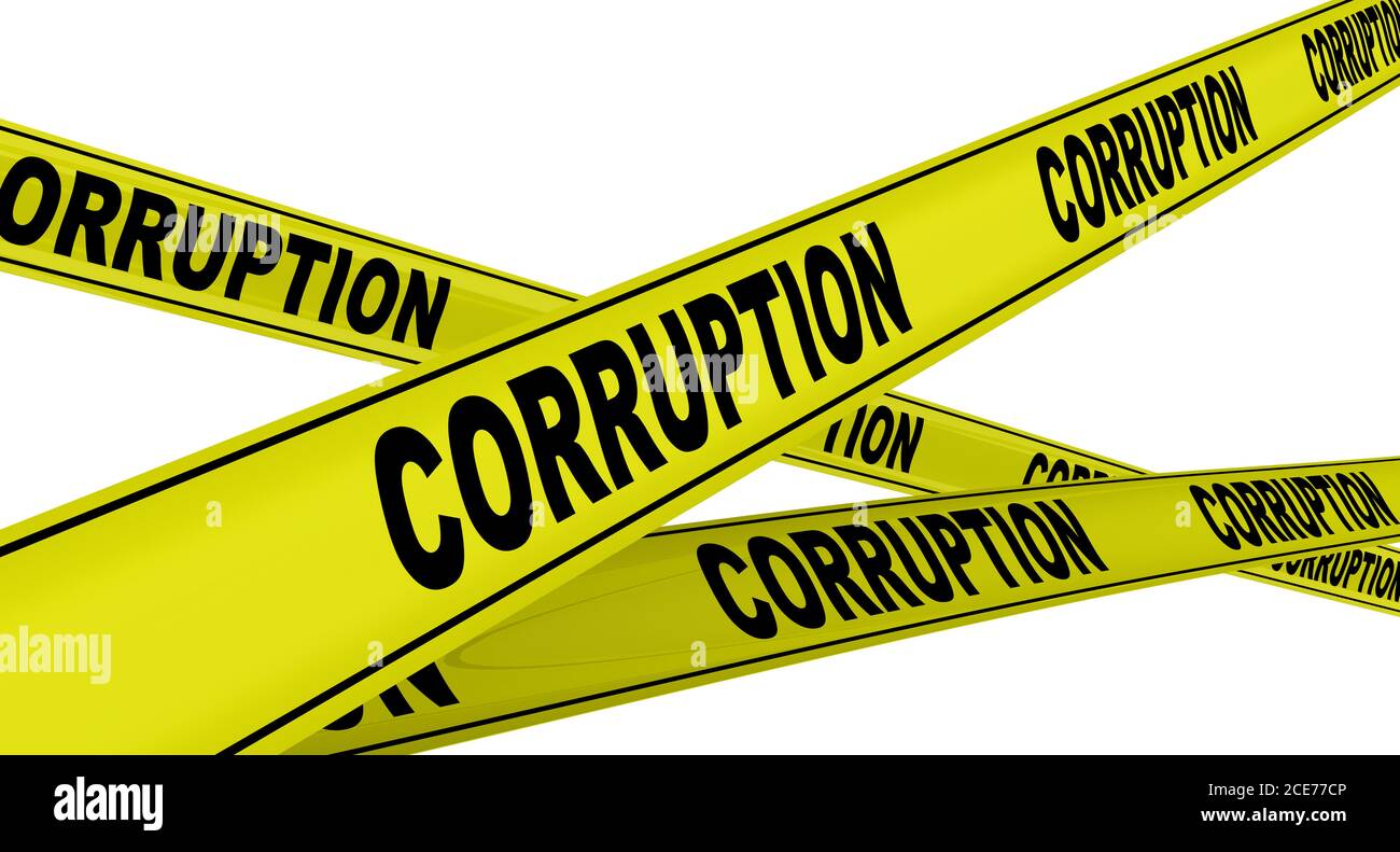 Corruption. Yellow warning tapes with black words CORRUPTION. Isolated ...