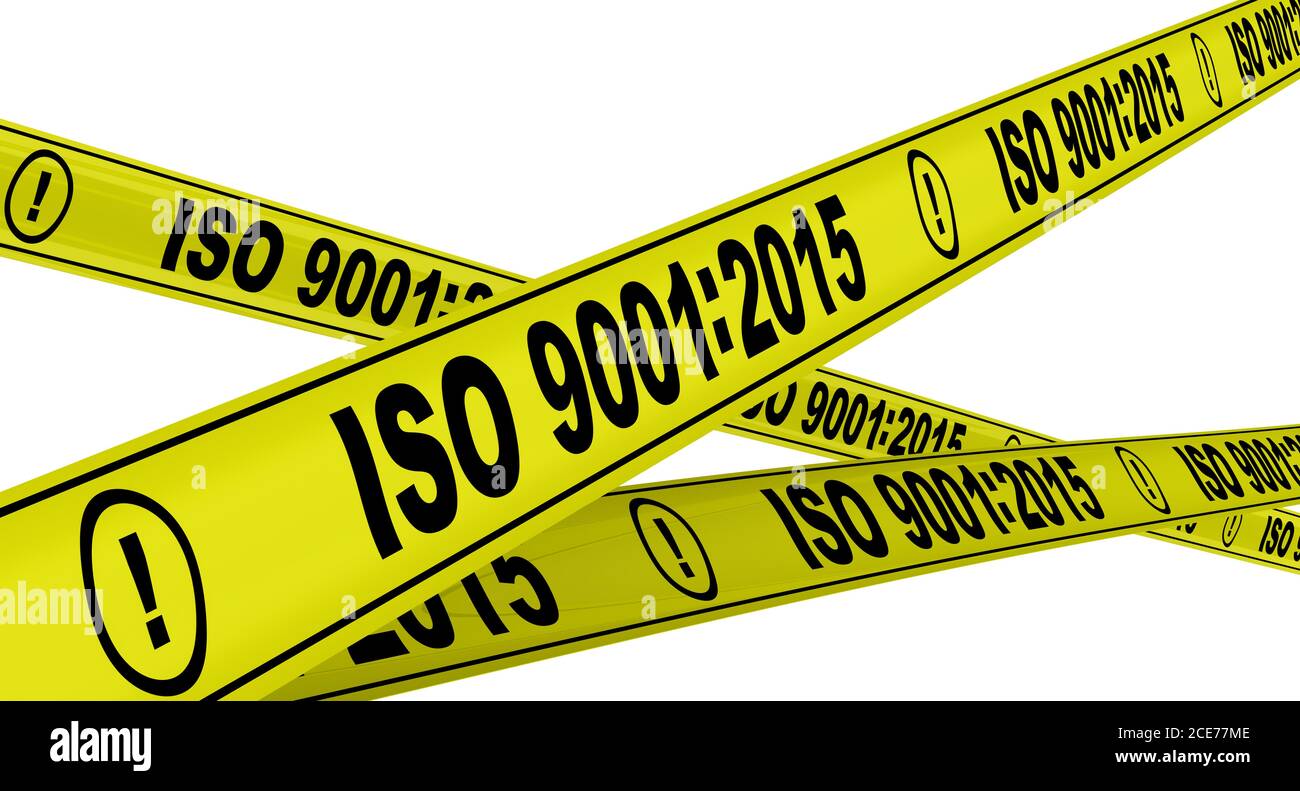 ISO 9001:2015. Yellow warning tapes with inscription "ISO 9001:2015 ...