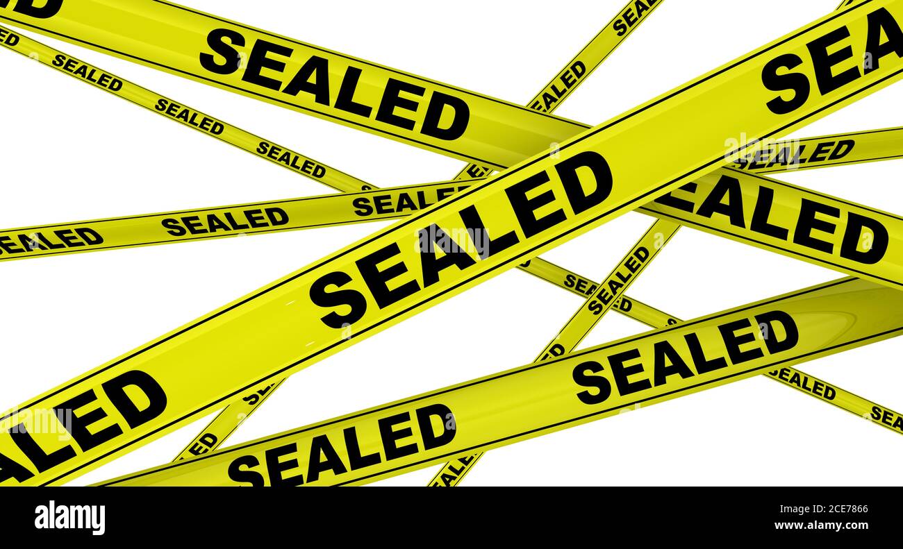 Sealed. Yellow warning tapes with black words SEALED. Isolated. 3D ...