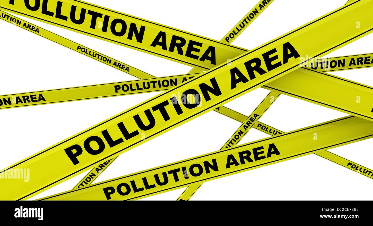 Pollution area. Yellow warning tapes with black words POLLUTION AREA ...
