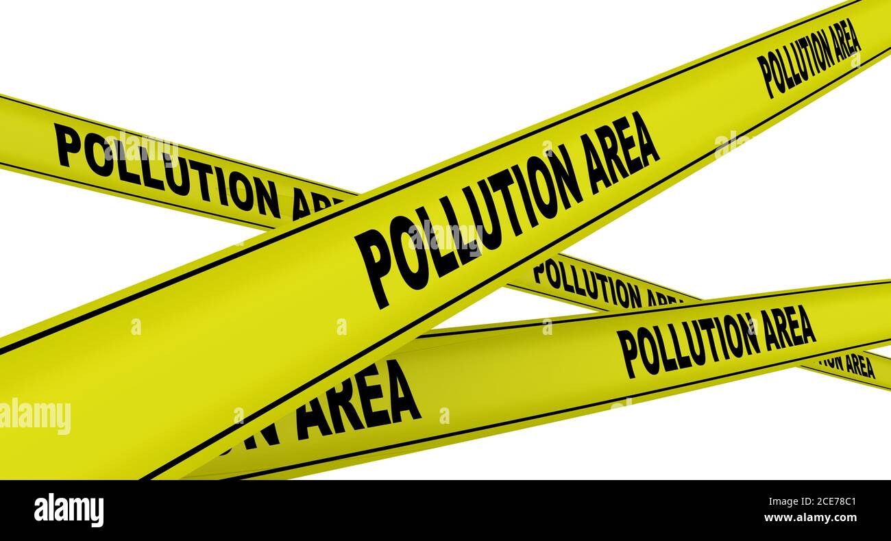 Pollution area. Yellow warning tapes with black words POLLUTION AREA ...