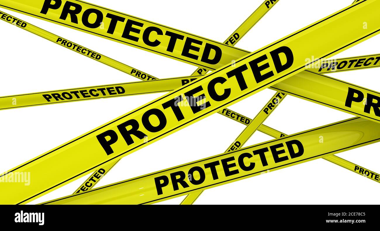 Protected. Yellow warning tapes with black text PROTECTED. Isolated. 3D ...