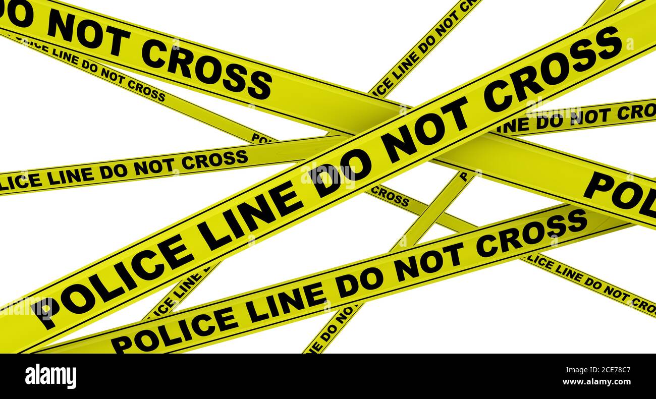 Police line. Do not cross. Yellow warning tapes with black text POLICE ...